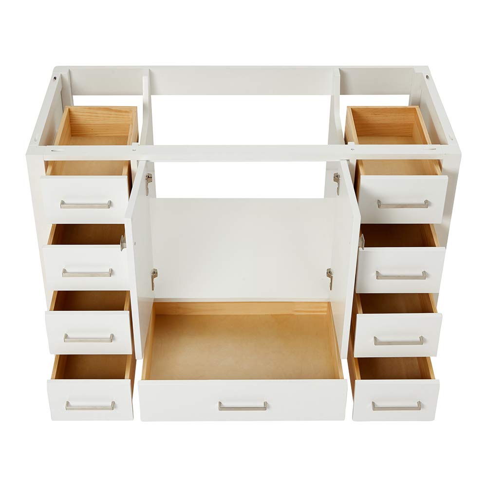 ARIEL 48" White Bathroom Vanity Base Cabinet, Single Sink Configuration, 2 Soft Closing Doors, 9 Full Extension Dovetail Drawers, Brushed Nickel