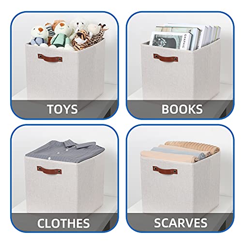 Temary Fabric Storage Cubes Storage Bins with Dual Leather Handles, 4 Pack Cube Baskets 13x13 Foldable Cube Organizers for Shelves, Home, Office, Nursery