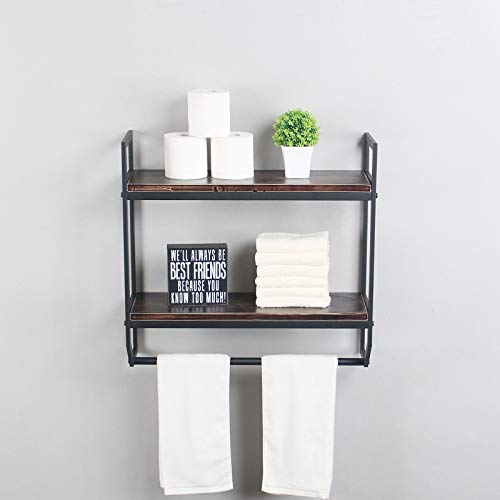 OISSIO Bathroom Shelves Wall Mounted,2 Layer Bathroom Shelf with Towel Bar,Storage Shelves for Kitchen,Metal&Wood Floating Shelves, Rustic Industrial Bathroom Shelves,Vintage Black