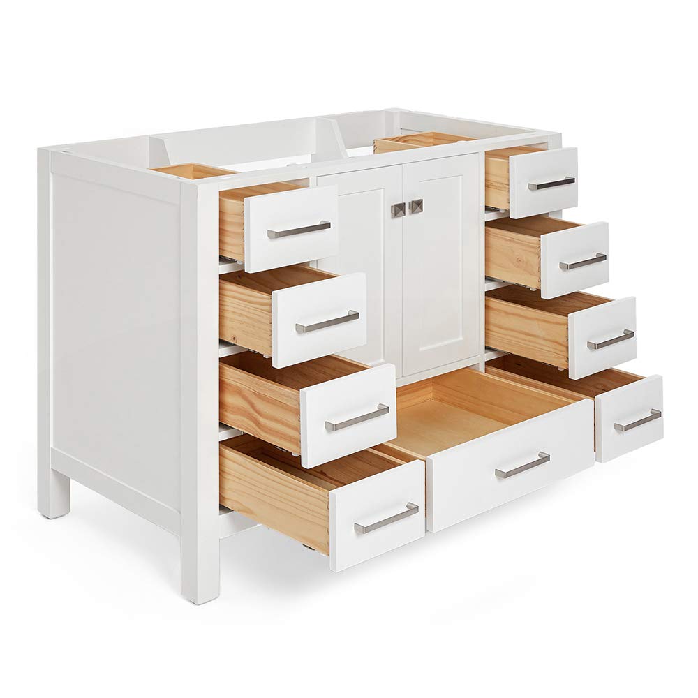 ARIEL 48" White Bathroom Vanity Base Cabinet, Single Sink Configuration, 2 Soft Closing Doors, 9 Full Extension Dovetail Drawers, Brushed Nickel