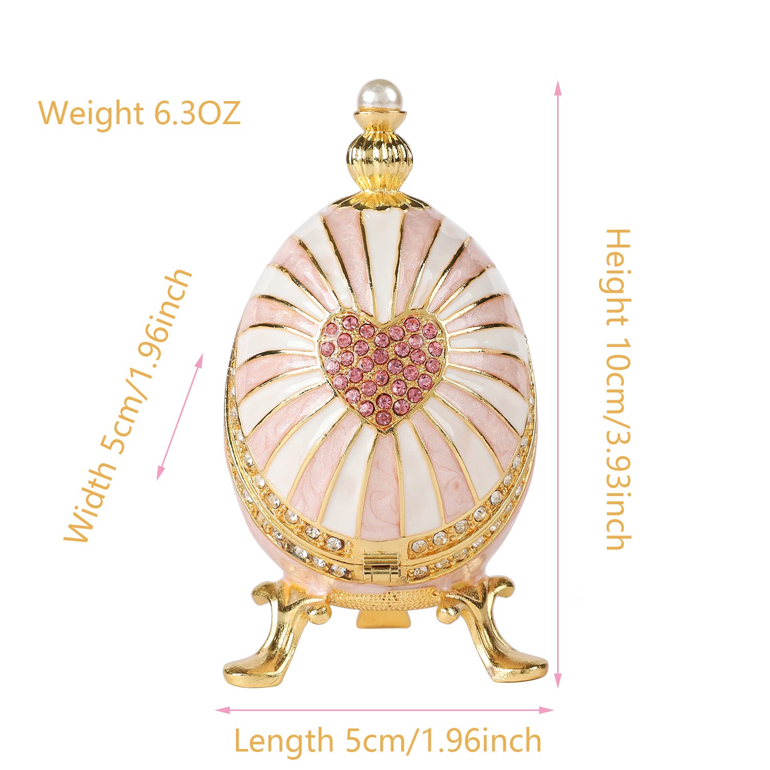 Furuida Pink Easter Egg Shape Jewelry Trinket Boxes Hinged with Love Shape Rhinestones Enamel Craft Gift for Women