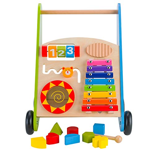 Wooden Baby Push Walkers for 1 Year Old Boys Girls, Push and Pull Learning Activity Center with Xylophone Shape Sorter Montessori Toys