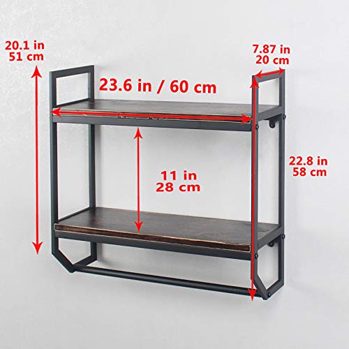 OISSIO Bathroom Shelves Wall Mounted,2 Layer Bathroom Shelf with Towel Bar,Storage Shelves for Kitchen,Metal&Wood Floating Shelves, Rustic Industrial Bathroom Shelves,Vintage Black