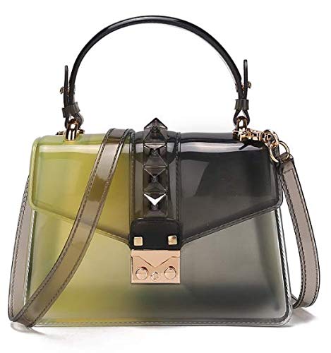Women Gradient Colorful Clear Jelly Handbag Leather Satchel Purse Handbag Vintage Top Handle Handbag Work Tote Bag (YELLOW&BLACK)