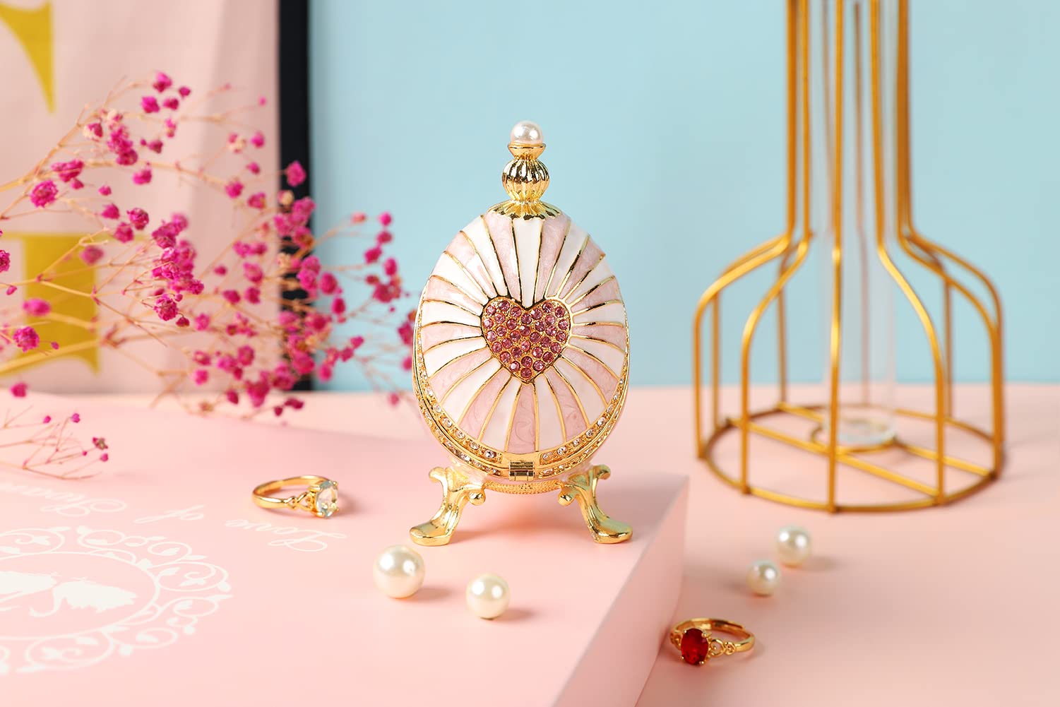 Furuida Pink Easter Egg Shape Jewelry Trinket Boxes Hinged with Love Shape Rhinestones Enamel Craft Gift for Women