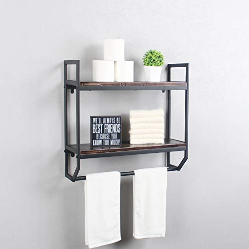 OISSIO Bathroom Shelves Wall Mounted,2 Layer Bathroom Shelf with Towel Bar,Storage Shelves for Kitchen,Metal&Wood Floating Shelves, Rustic Industrial Bathroom Shelves,Vintage Black