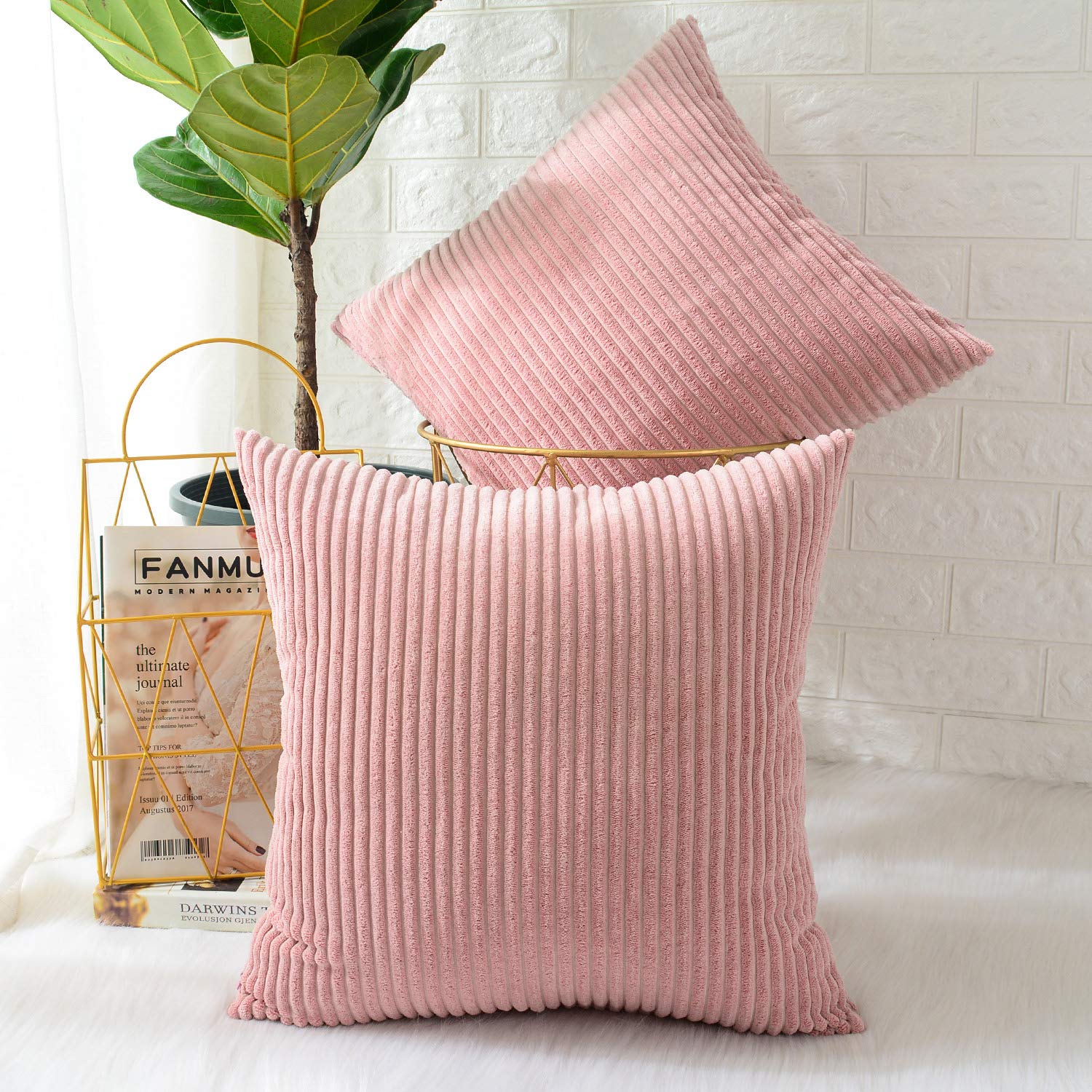 MERNETTE Pack of 2, Corduroy Soft Decorative Square Throw Pillow Cover Cushion Covers Pillowcase, Home Decor Decorations for Sofa Couch Bed Chair 18x18 Inch/45x45 cm (Striped Peach Pink)