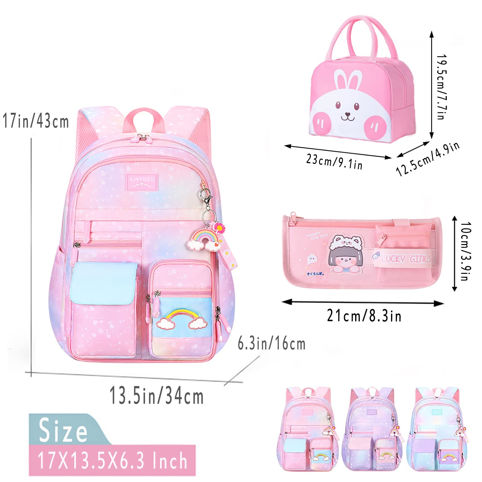 IHZZ Kawaii Backpack, Pink Backpack for Girls, Kid Starry Rainbow Bookbag, Cute Backpack for Kids, Aesthetic Backpack, Purple(3 PCS Set)