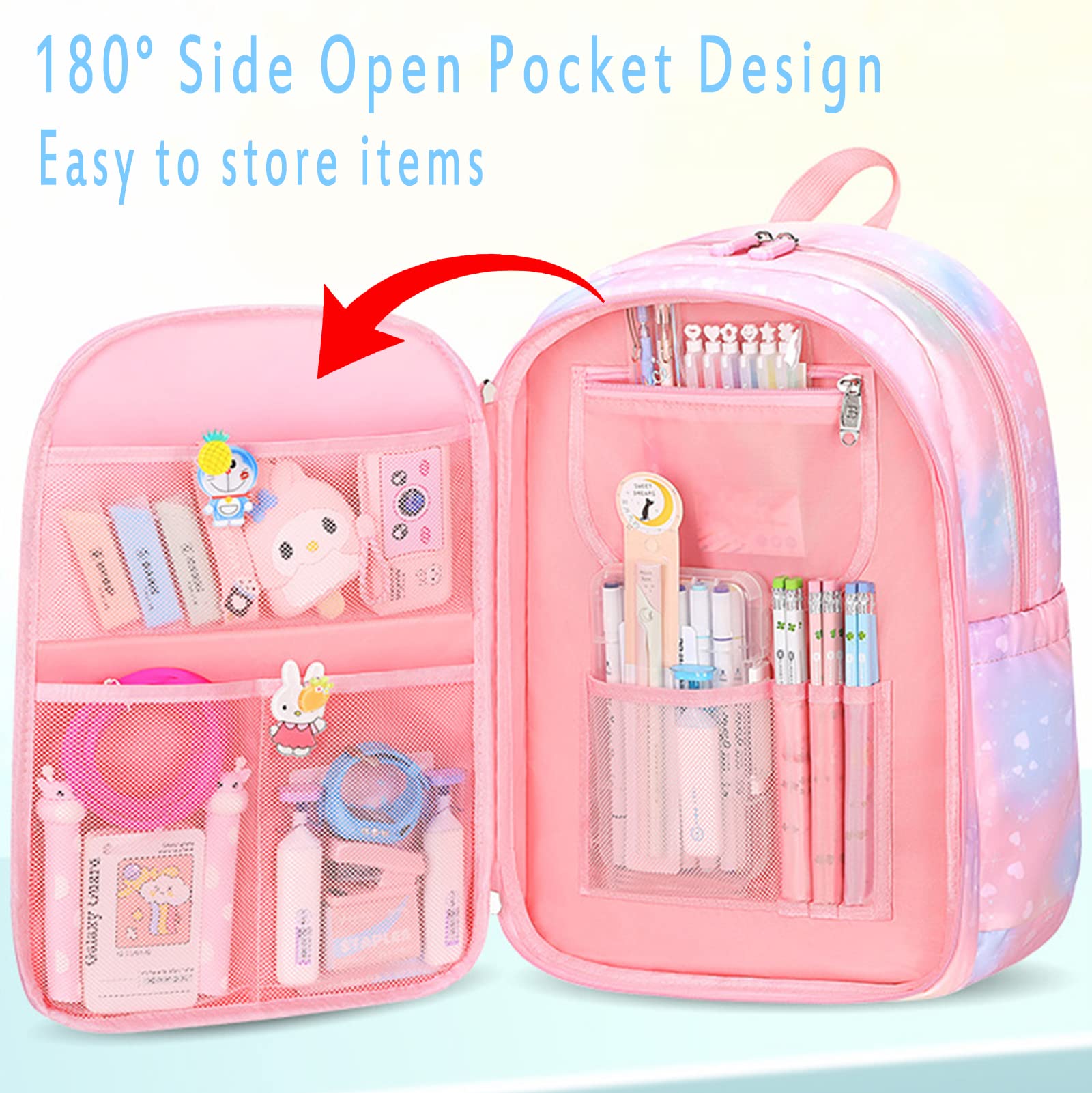 IHZZ Kawaii Backpack, Pink Backpack for Girls, Kid Starry Rainbow Bookbag, Cute Backpack for Kids, Aesthetic Backpack, Purple(3 PCS Set)