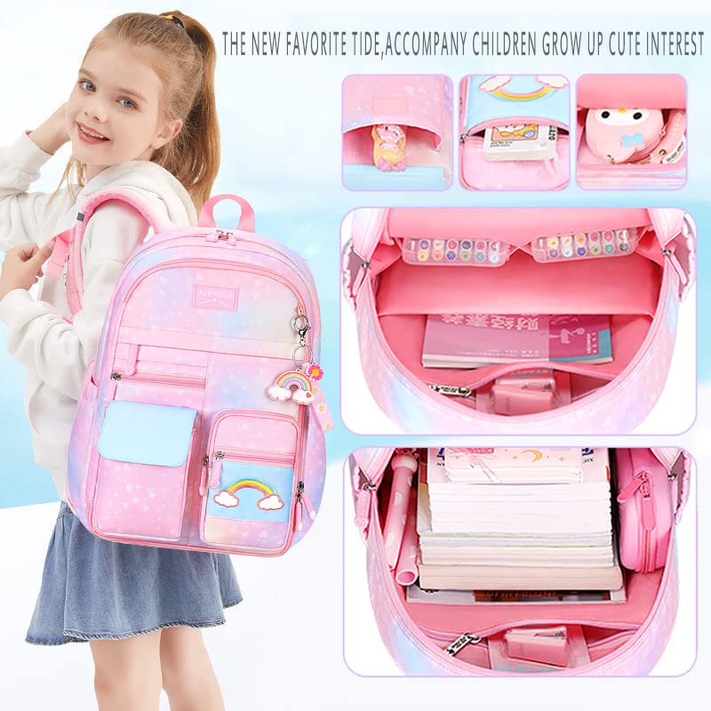 IHZZ Kawaii Backpack, Pink Backpack for Girls, Kid Starry Rainbow Bookbag, Cute Backpack for Kids, Aesthetic Backpack, Purple(3 PCS Set)