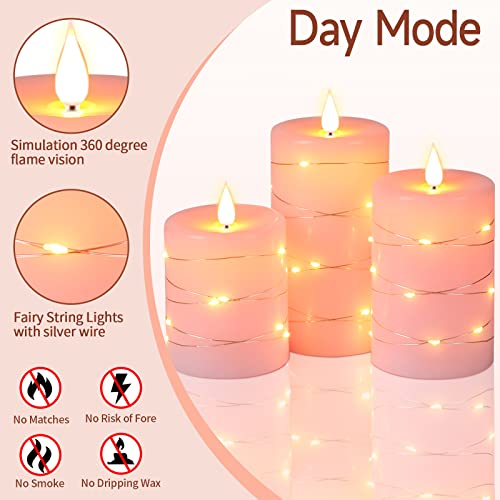 Da by Flameless Candles with String Lights,Battery Operated Candles,LED Flickering Candles with Remote Control and Timer, Real Wax, 3 Pack-Pink