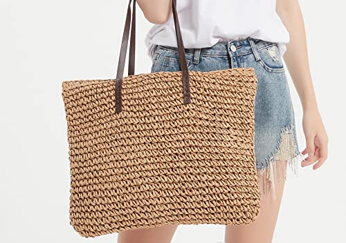 Vgift Beach Bags for Women, Large Straw Tote with Zipper for Summer, Khaki