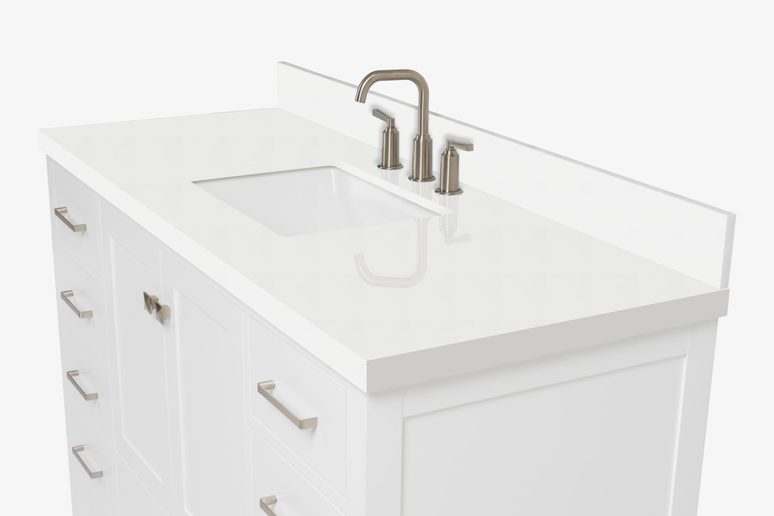 ARIEL Cambridge 55" White Bathroom Vanity with Sink, 1.5" Edge Pure White Quartz Countertop & Backsplash, Center Rectangular Sink, 2 Soft Closing Doors, 9 Full Extension Dovetail Drawers