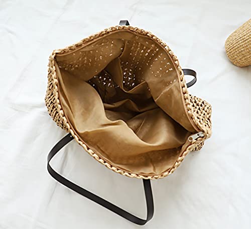 Vgift Beach Bags for Women, Large Straw Tote with Zipper for Summer, Khaki