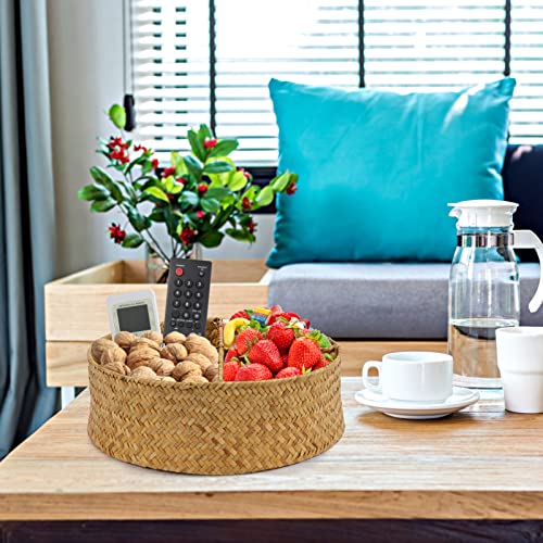 YIFANZHIBIAN Seagrass Storage Basket，Eco-friendly Wicker Basket with Lid，Woven Water Hyacinth Basket，Handmade and Natural Rattan Baskets with 4 Sections for Living Room（Round, Yellow Color）