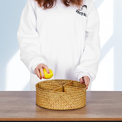 YIFANZHIBIAN Seagrass Storage Basket，Eco-friendly Wicker Basket with Lid，Woven Water Hyacinth Basket，Handmade and Natural Rattan Baskets with 4 Sections for Living Room（Round, Yellow Color）