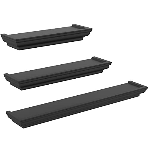 Ballucci Set of 3 Crown Molding Style Floating Wall Shelves, Wooden Ledges for Living Room, Bedroom, Bathroom, Kitchen, Office; 24, 16, 12" - Black