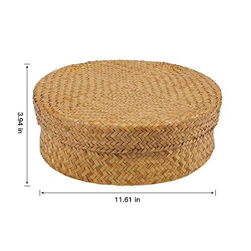YIFANZHIBIAN Seagrass Storage Basket，Eco-friendly Wicker Basket with Lid，Woven Water Hyacinth Basket，Handmade and Natural Rattan Baskets with 4 Sections for Living Room（Round, Yellow Color）