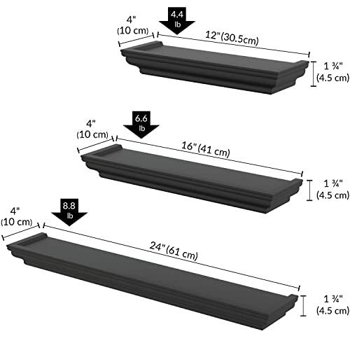 Ballucci Set of 3 Crown Molding Style Floating Wall Shelves, Wooden Ledges for Living Room, Bedroom, Bathroom, Kitchen, Office; 24, 16, 12" - Black