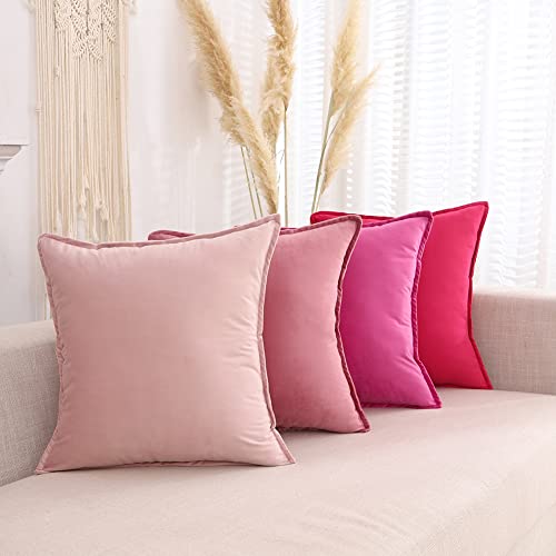 CARRIE HOME Pink Velvet Throw Pillow Covers 18x18 Set of 4 Hot Pink Light Blush Pink Room Decor Throw Pillows 18 x 18 Soft Decorative Pillows for Bedroom & Living Room (No Inserts)