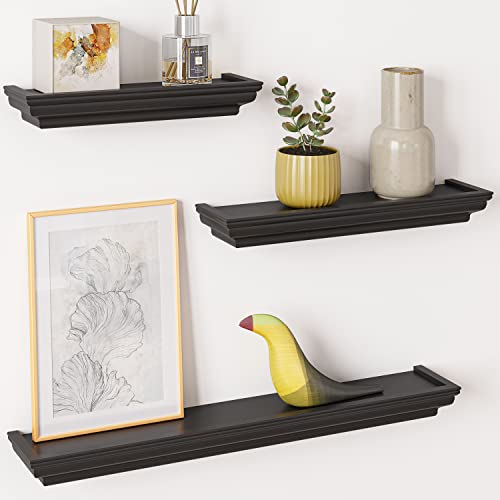 Ballucci Set of 3 Crown Molding Style Floating Wall Shelves, Wooden Ledges for Living Room, Bedroom, Bathroom, Kitchen, Office; 24, 16, 12" - Black