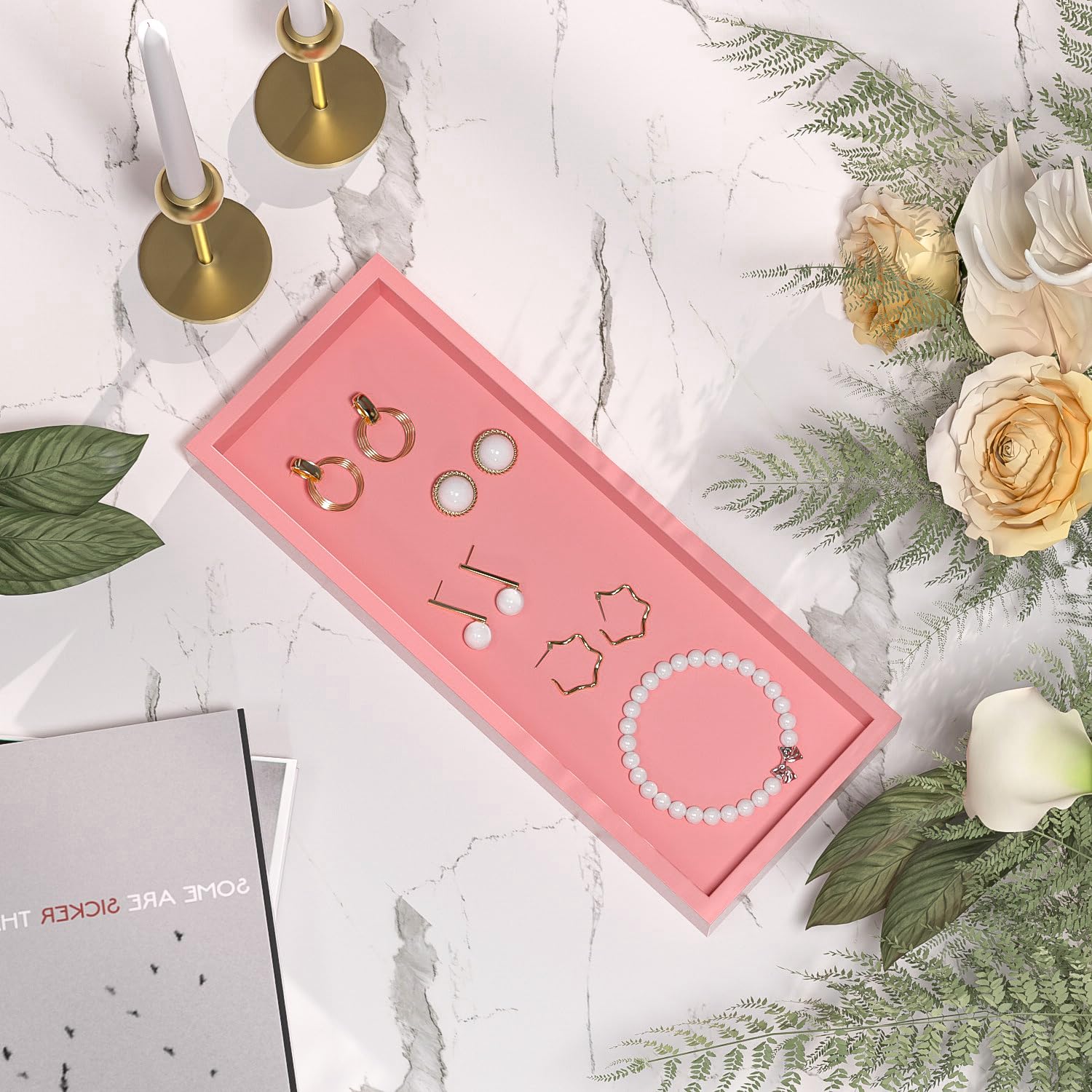 Bathroom Vanity Tray Bamboo Tray - for Counter Wood Small Bathroom Decorative Tray, Dresser Top Perfume Tray for Home Decoration 11.3” L x 4.4” W x 1.14” H （Pink）