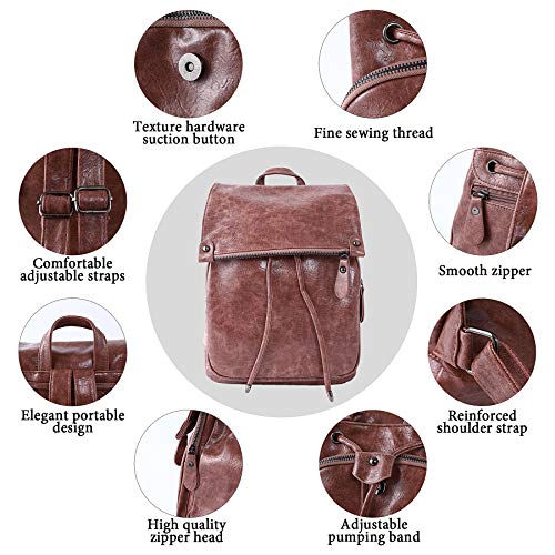 ROOSALANCE Women Backpack Waterproof Anti-theft PU Leather Nylon Shoulder Bag Travel Backpack Ladies (Dark Pink)