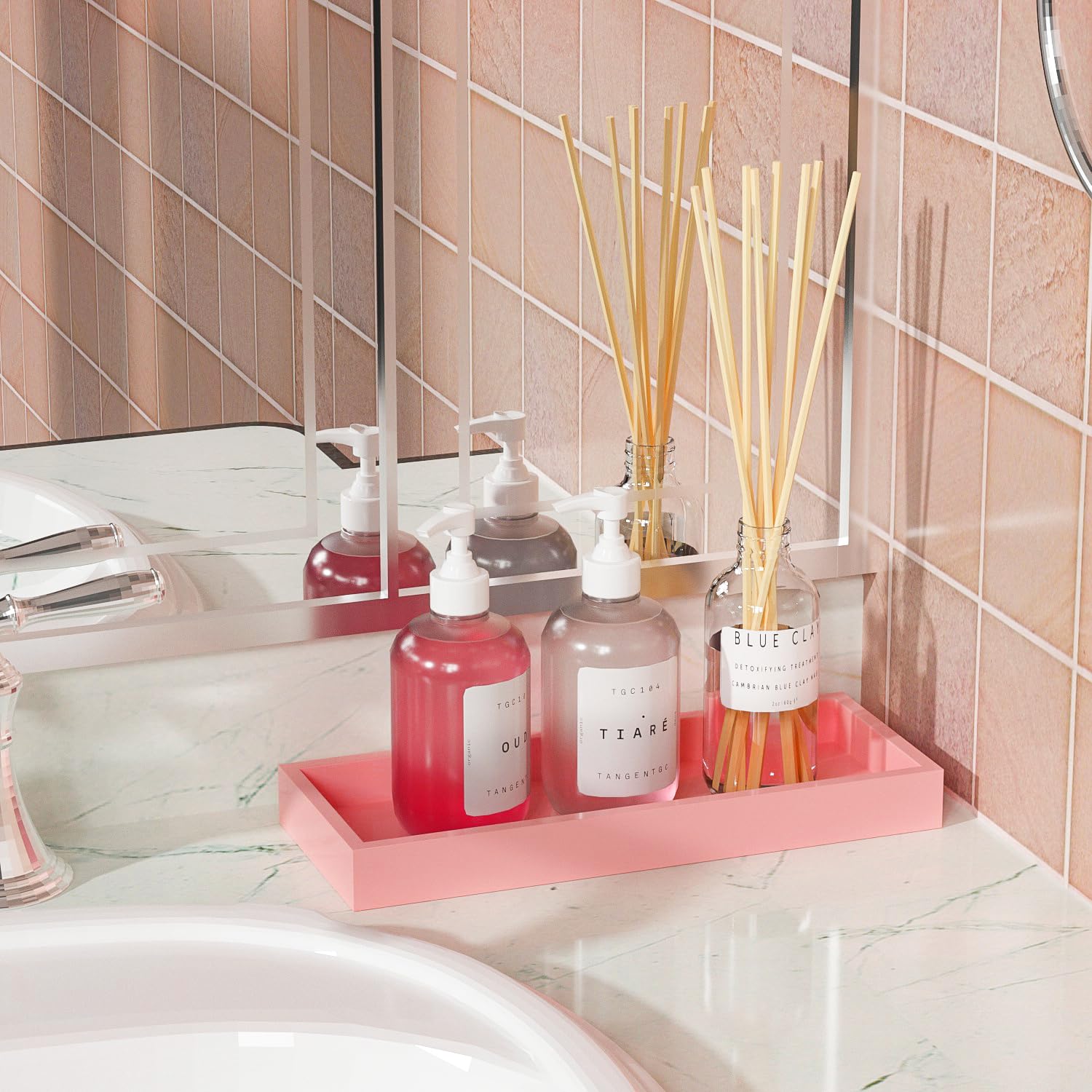 Bathroom Vanity Tray Bamboo Tray - for Counter Wood Small Bathroom Decorative Tray, Dresser Top Perfume Tray for Home Decoration 11.3” L x 4.4” W x 1.14” H （Pink）