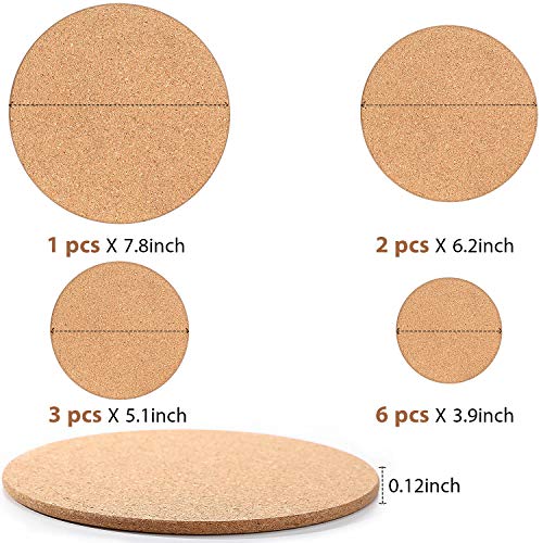 Cork Coasters Cup Trivets Wooden Thick Drink Round Absorbent Blank Cork Base Mat for Wine Glasses Home Bar Kitchen Restaurant Cafe Wedding Party Supplies, 1/4 Inch Thickness, 4 Sizes (12 Pieces)