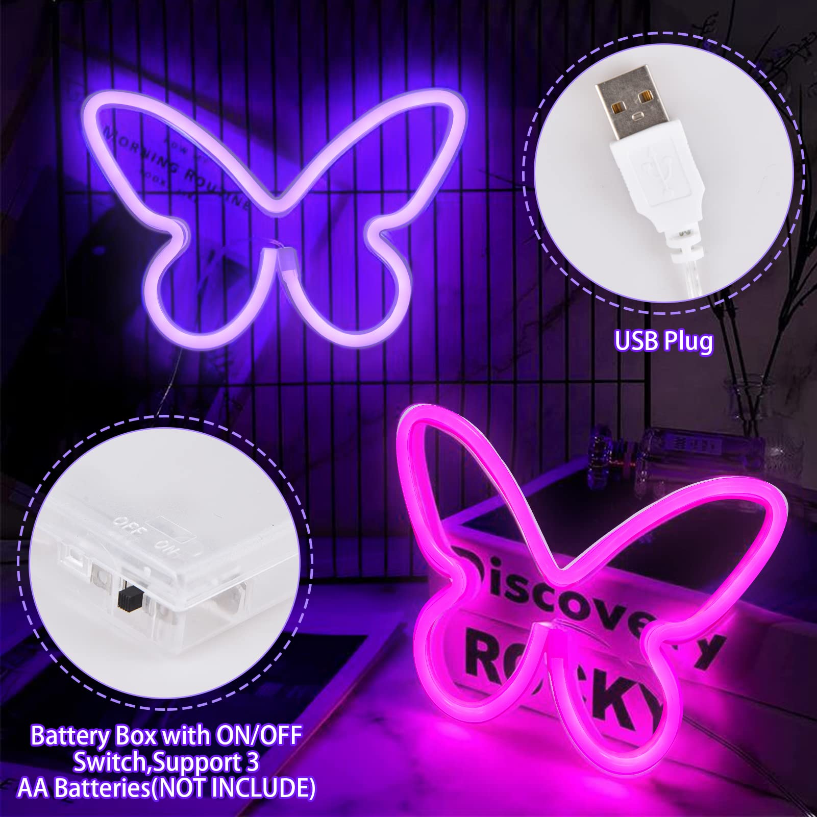 BRIGHTDECK 3 Pcs Butterfly Neon Signs, Neon Light for Bedroom, USB or 3-AA Battery Powered LED Wall Décor for Valentines Day Birthday Gift, Wedding, Party, Home Decor (Pink, Purple, Warm white)