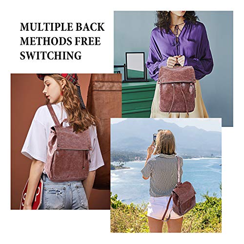 ROOSALANCE Women Backpack Waterproof Anti-theft PU Leather Nylon Shoulder Bag Travel Backpack Ladies (Dark Pink)