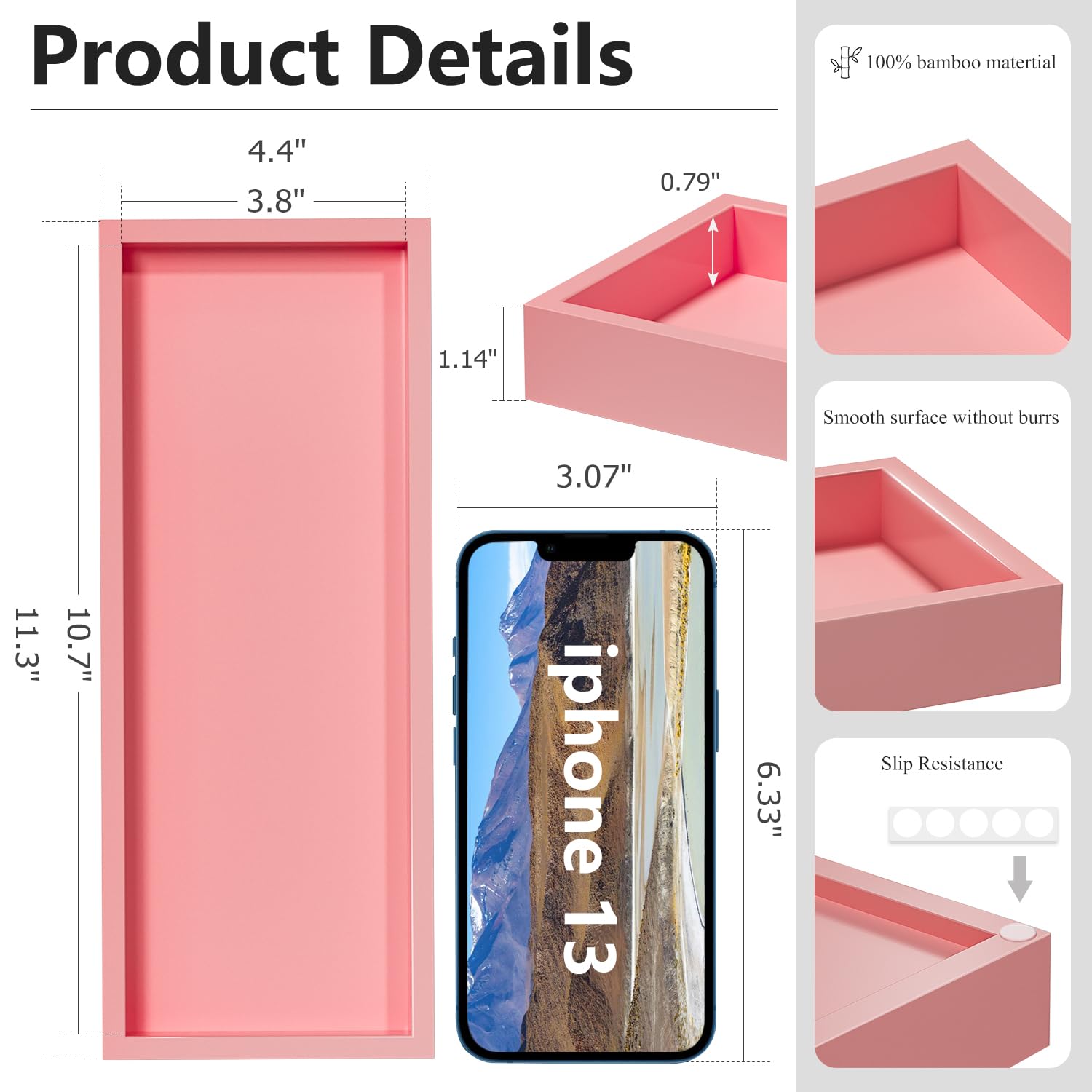Bathroom Vanity Tray Bamboo Tray - for Counter Wood Small Bathroom Decorative Tray, Dresser Top Perfume Tray for Home Decoration 11.3” L x 4.4” W x 1.14” H （Pink）