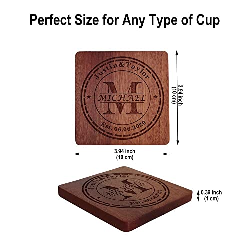 Personalized Coasters, Custom Engraved Wood Coasters for Drinks, Monogram Coasters with Holder, Wedding Gifts, Parents Gifts (M)