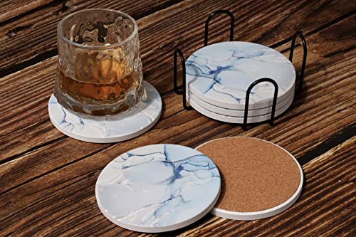 Coasters for Drinks, Absorbent Ceramic Stone Coaster Set with Metal Holder Stand, Drink Coasters with Cork Base, Housewarming Gifts for Home Decor, 4 Inches,Set of 6-Light Blue Marble
