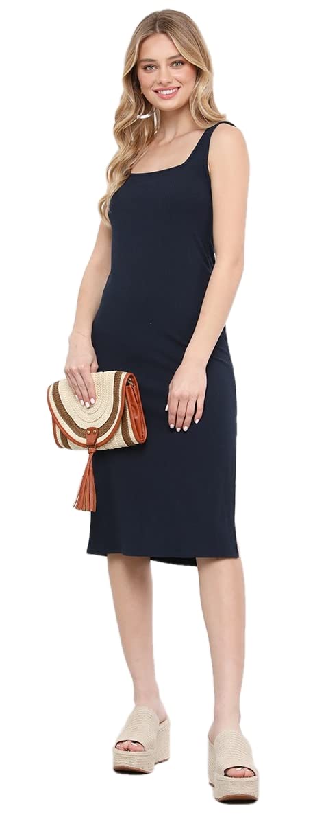 Emma's Closet Women's Tank Dress - Sleeveless Square Neck Casual Midi One Piece with Side Slit YCGD3150 Navy S