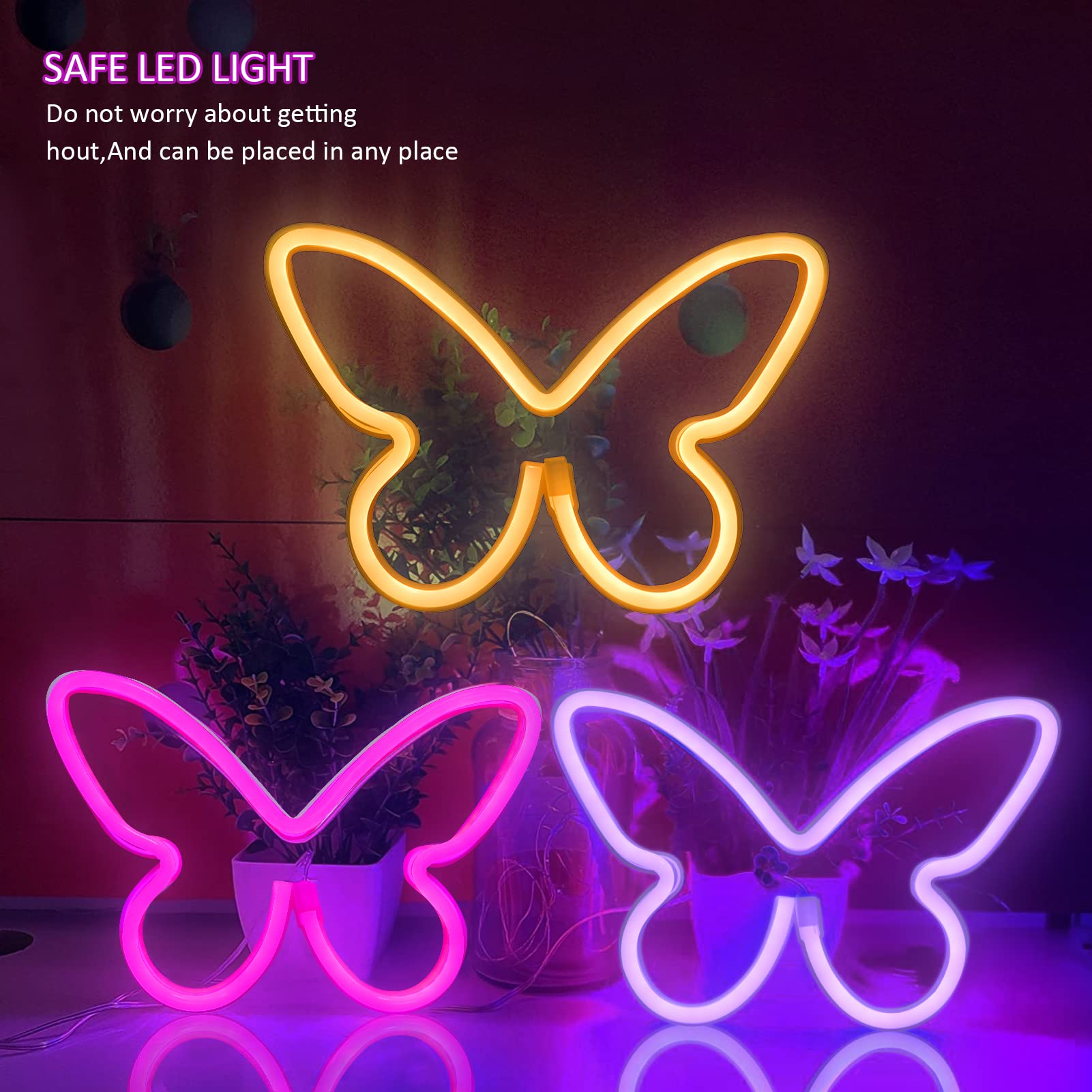 BRIGHTDECK 3 Pcs Butterfly Neon Signs, Neon Light for Bedroom, USB or 3-AA Battery Powered LED Wall Décor for Valentines Day Birthday Gift, Wedding, Party, Home Decor (Pink, Purple, Warm white)