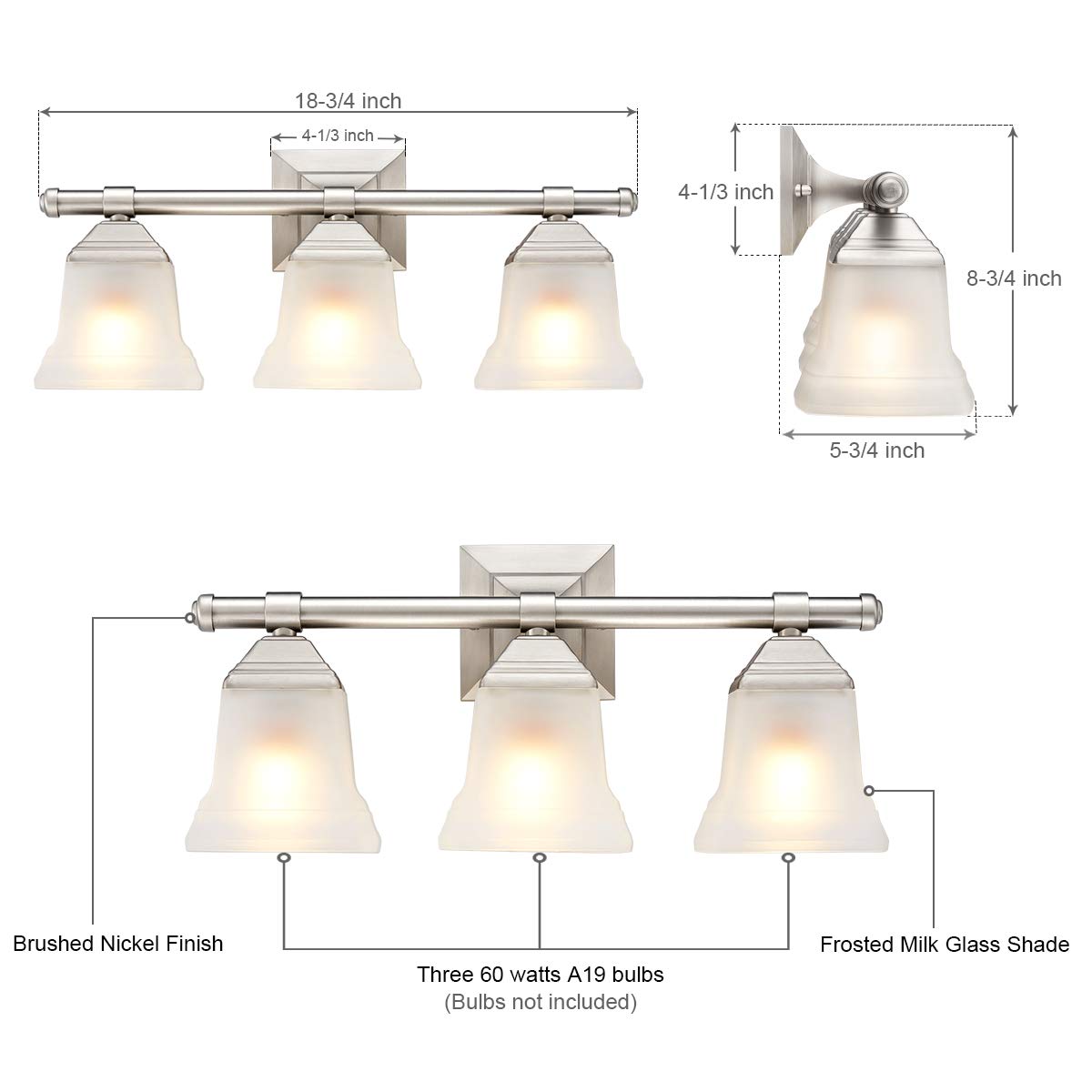 Eurus Home 3-Light Bathroom Vanity Light Fixture Brushed Nickel Bathroom Lighting Fixture W/Frosted Milk Glass Shade