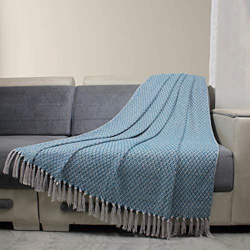 Outdoor Throw Blanket with White Tassel - 50x60 Inches 100% Cotton Farmhouse Throws Decorative Soft Boho Blankets - Aqua Blue