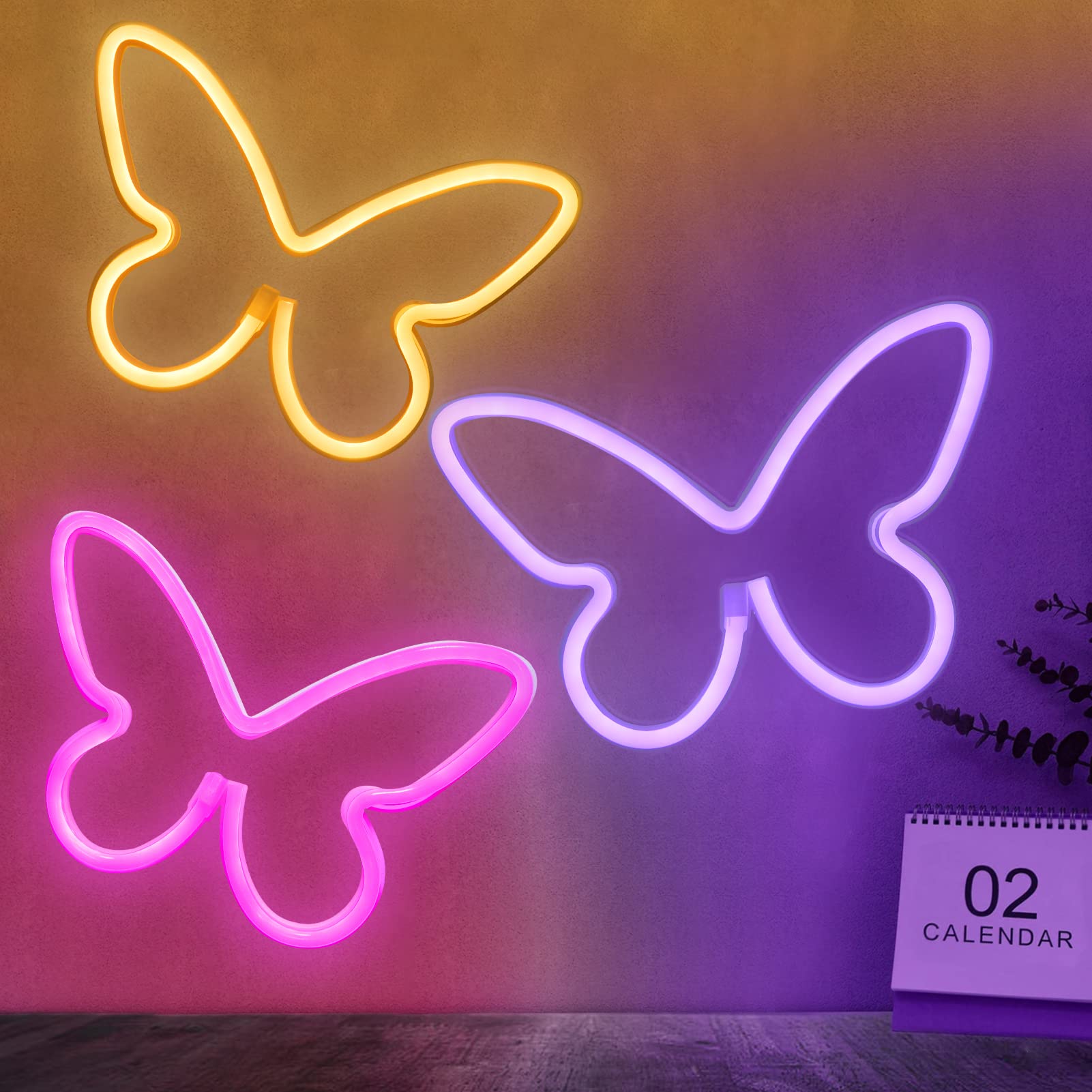 BRIGHTDECK 3 Pcs Butterfly Neon Signs, Neon Light for Bedroom, USB or 3-AA Battery Powered LED Wall DĂŠcor for Valentines Day Birthday Gift, Wedding, Party, Home Decor (Pink, Purple, Warm white)
