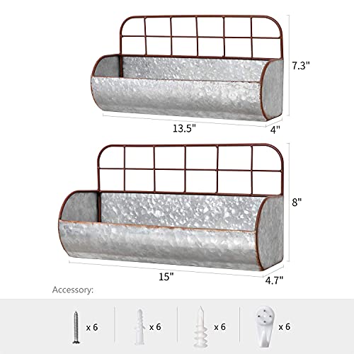 Dahey 2 PCS Farmhouse Galvanized Wall Basket Decor Bathroom Storage Bin Organizer and 2 Pack Rustic Wood Wall Shelves Display Ledge Storage Rack 17 inch
