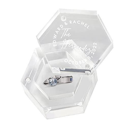 JFLL Personalized Clear Hexagon Wedding Ring Box，Engraved Romantic Wedding Jewelry Bearer Box, Engagement Proposal Ring Storage Gift, Modern Ring Dish，Custom Names & Date, Transparent