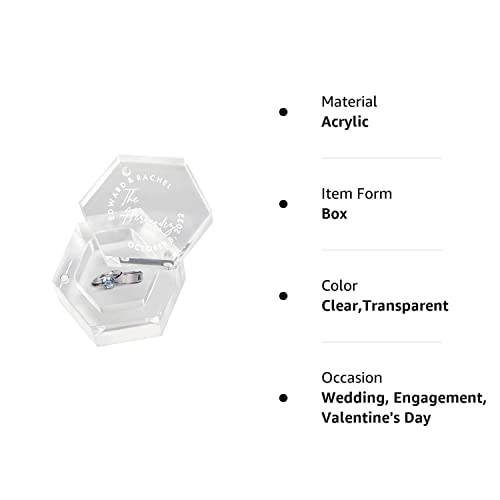 JFLL Personalized Clear Hexagon Wedding Ring Box,Engraved Romantic Wedding Jewelry Bearer Box, Engagement Proposal Ring Storage Gift, Modern Ring Dish,Custom Names & Date, Transparent