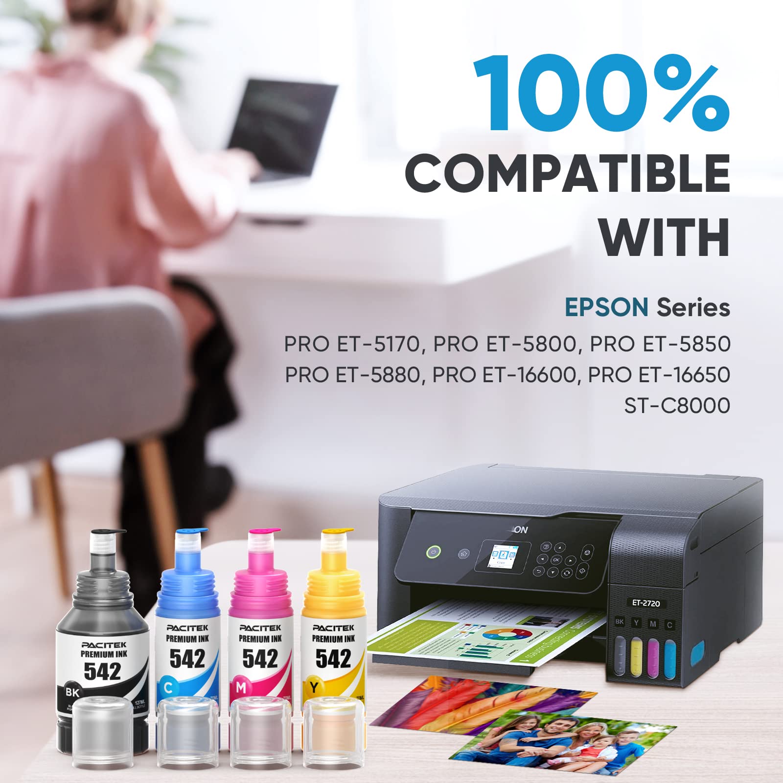 PACITEK 542 Pigment Ink Refill Ink Bottle Replacement for T542 Use with EcoTank ET-5800,ET-5850,ET-5880,ET-16600,ET-16650,ST-C8000 Printer(4 Pack)