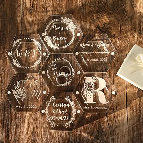 JFLL Personalized Clear Hexagon Wedding Ring Box,Engraved Romantic Wedding Jewelry Bearer Box, Engagement Proposal Ring Storage Gift, Modern Ring Dish,Custom Names & Date, Transparent