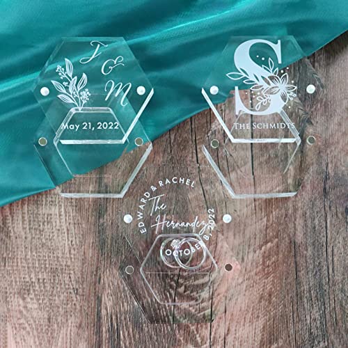 JFLL Personalized Clear Hexagon Wedding Ring Box,Engraved Romantic Wedding Jewelry Bearer Box, Engagement Proposal Ring Storage Gift, Modern Ring Dish,Custom Names & Date, Transparent
