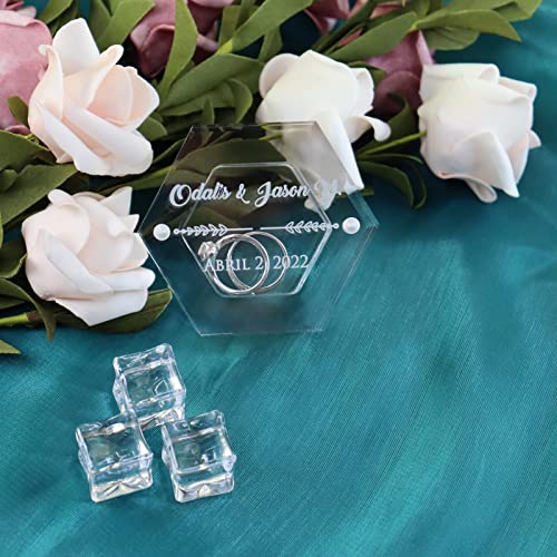 JFLL Personalized Clear Hexagon Wedding Ring Box,Engraved Romantic Wedding Jewelry Bearer Box, Engagement Proposal Ring Storage Gift, Modern Ring Dish,Custom Names & Date, Transparent