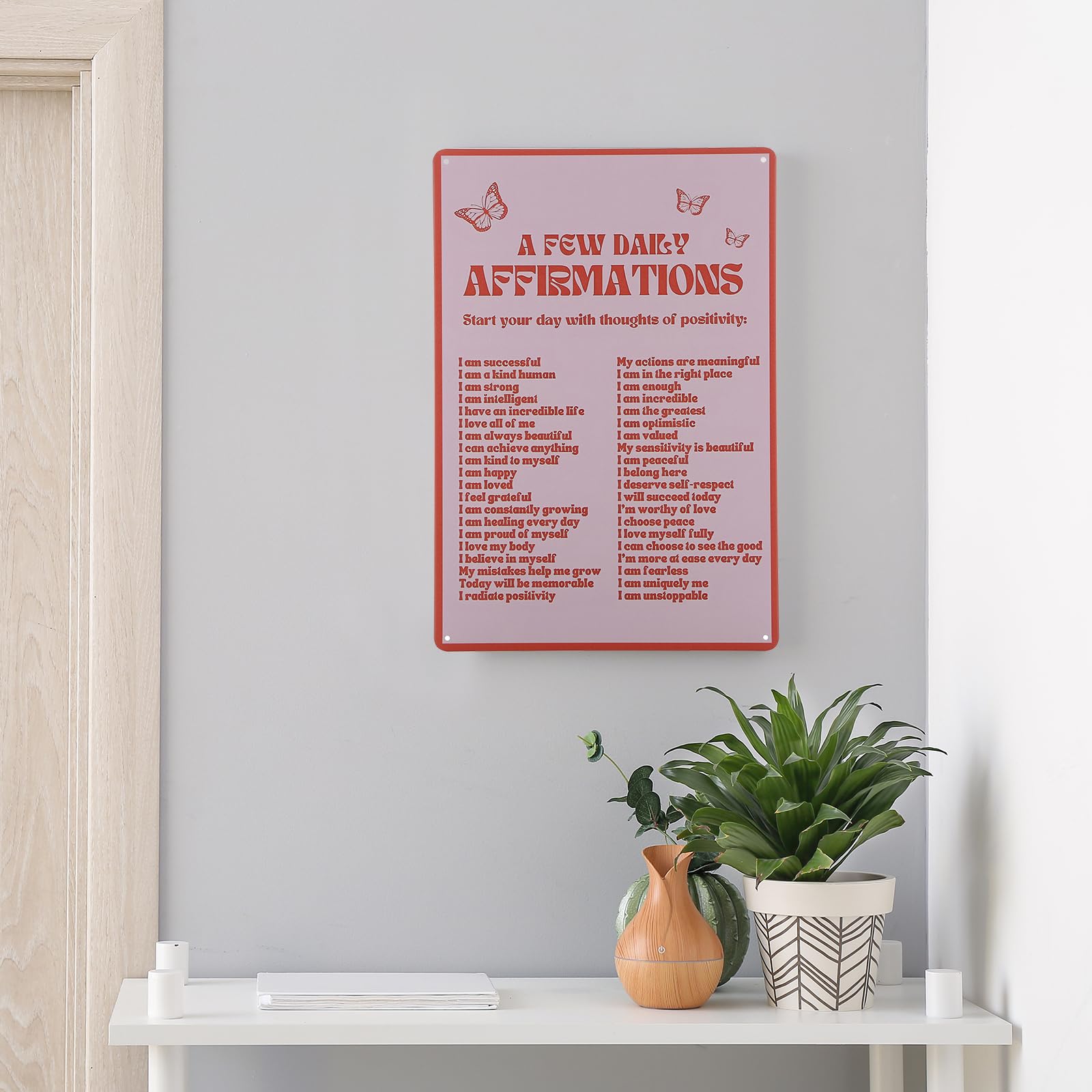 Room Decor Aesthetic Daily Affirmations Motivational Wall Art Metal Tin Sign, Pink Butterfly Wall Home Coffee Room Office Decor 8X12Inch
