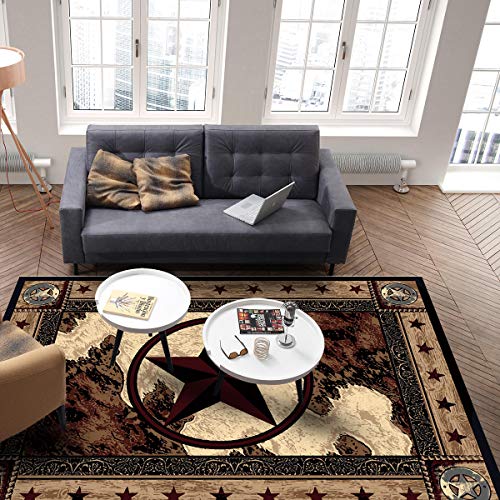 Area Rug 5'x7' Western Texas Star on Wood Panel Rustic Vintage Style Non-Skid Rubber Backing Modern Runner Rug Indoor Carpet for Bedroom/Living Room