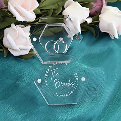 JFLL Personalized Clear Hexagon Wedding Ring Box,Engraved Romantic Wedding Jewelry Bearer Box, Engagement Proposal Ring Storage Gift, Modern Ring Dish,Custom Names & Date, Transparent