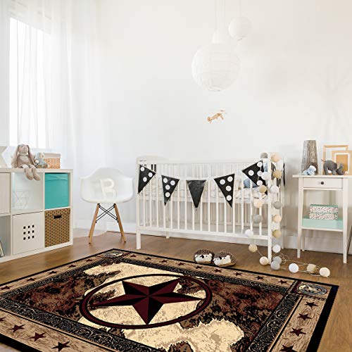 Area Rug 5'x7' Western Texas Star on Wood Panel Rustic Vintage Style Non-Skid Rubber Backing Modern Runner Rug Indoor Carpet for Bedroom/Living Room